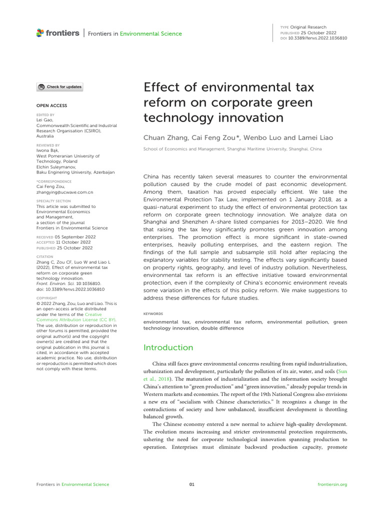 Effect of Environmental Tax Reform On Corporate Green Technology ...