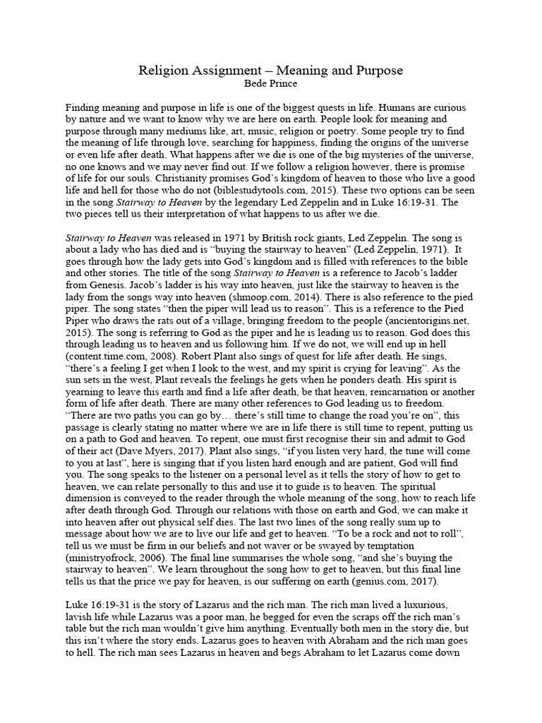 Religion Assignment - Meaning and Purpose | PDF | Heaven | Afterlife