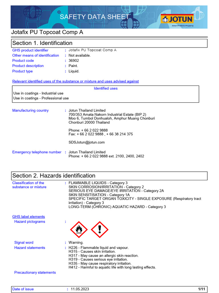 SDS JOTAFIX PU | PDF | Toxicity | Occupational Safety And Health