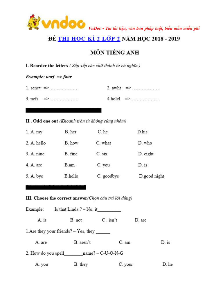 De Thi Hoc Ki 2 Lop 2 Mon Tieng Anh Nam Hoc 2018 2019 So 4 | PDF