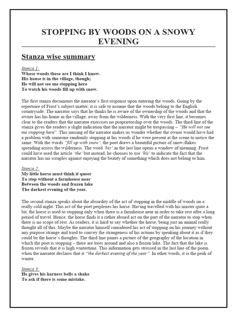 STOPPING BY WOODS ON A SNOWY EVENING | PDF | Poetry | Silence