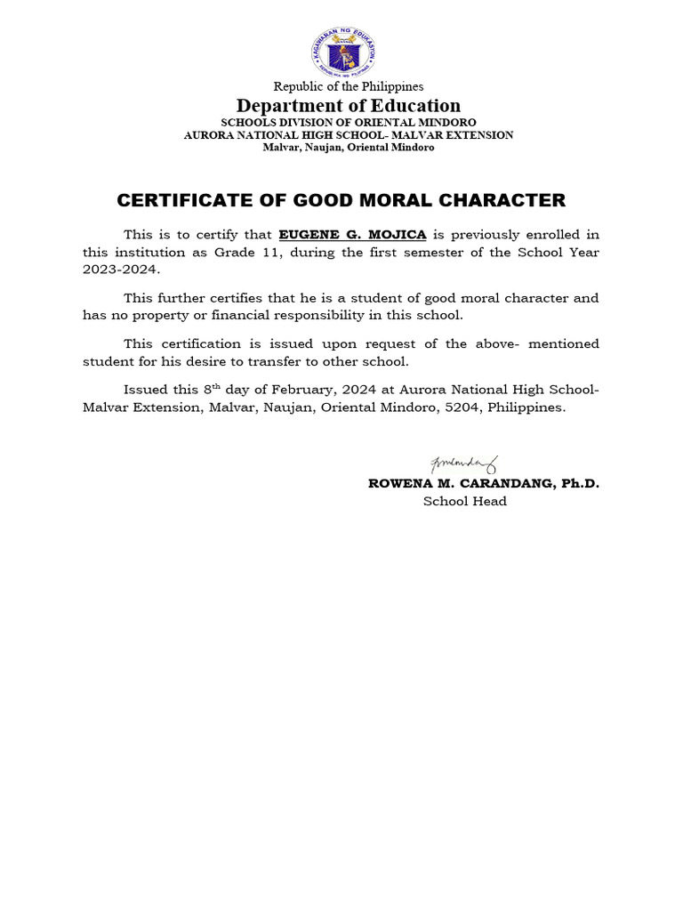 Certificate of Good Moral Character | PDF
