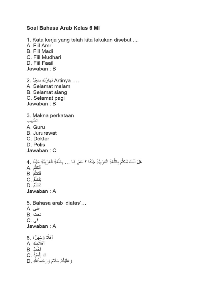 Soal Bahasa Arab Kelas 6 MI | PDF