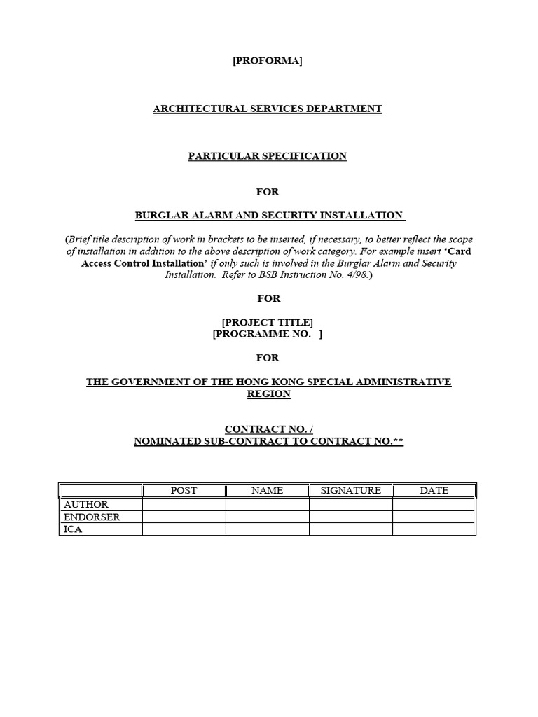 Proforma Spec - Burglar Alarm (2007)-rev 1a | PDF | Mains Electricity ...