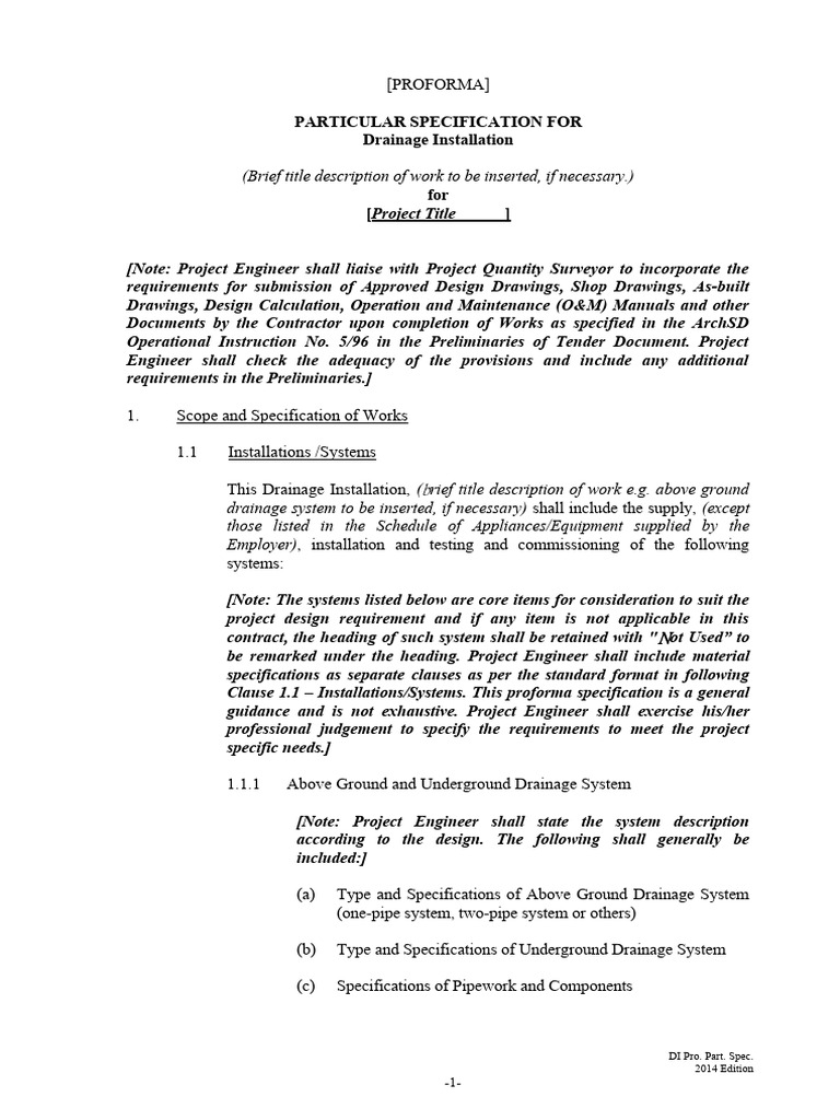 Proforma Spec - Drainage - 2014 | PDF | Specification (Technical Standard) | Storm Drain