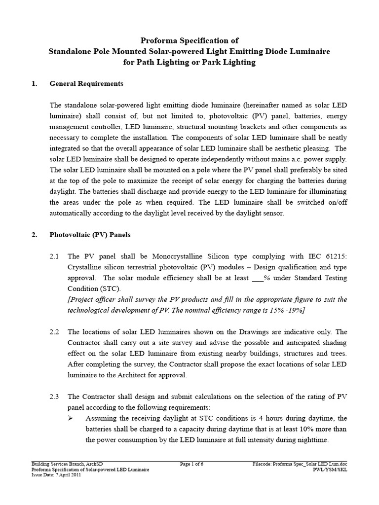 Proforma Spec_Solar LED Lum | Download Free PDF | Photovoltaics | Solar ...