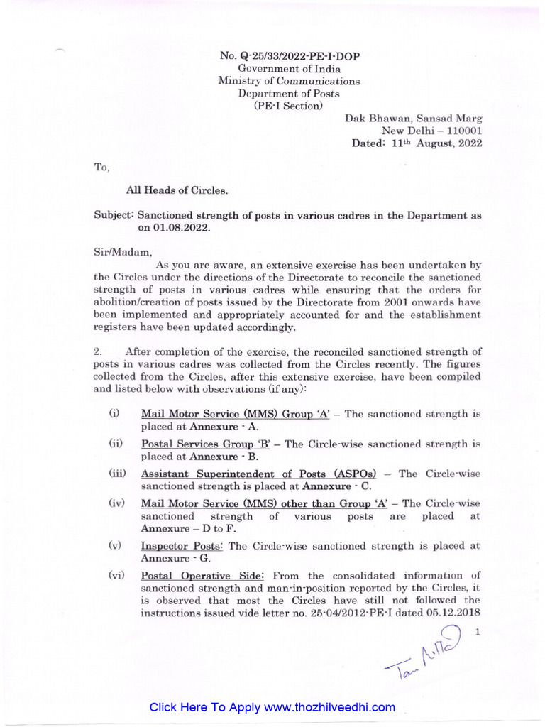 Postal Notification on Sanctioned Strength | PDF | Government Of India ...