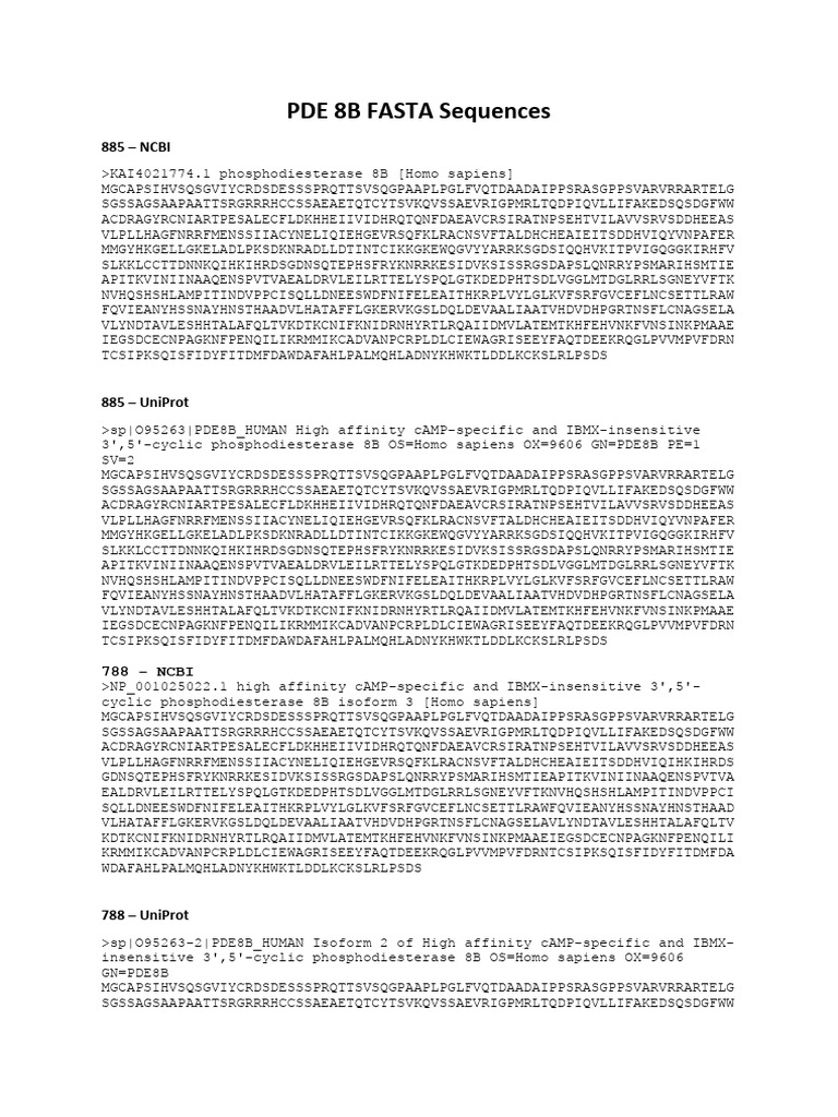PDE 8B Isoforms Fasta Sequences | PDF