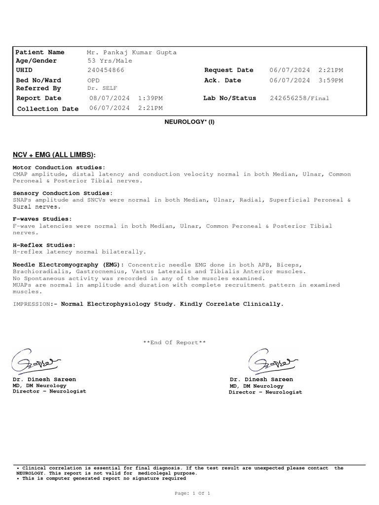 Mr. Pankaj Kumar Gupta - NCV + Emg Report | PDF | Science & Mathematics