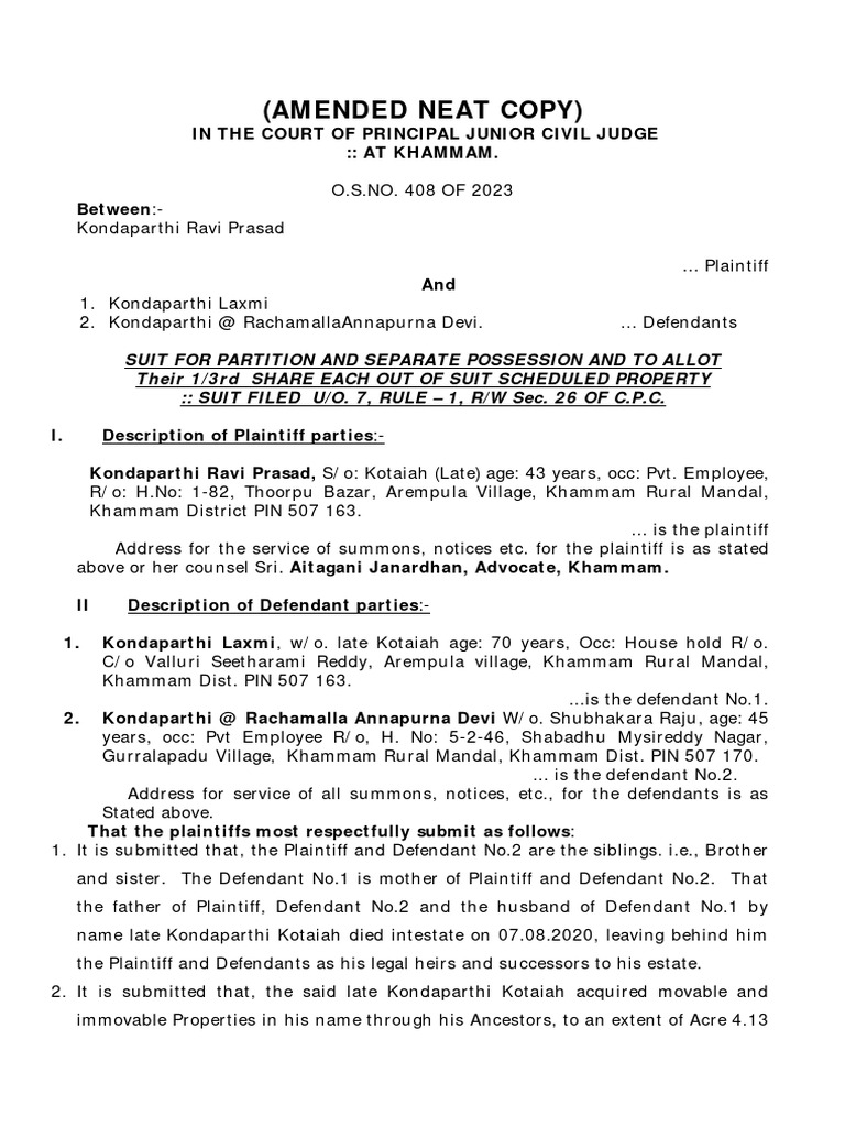 Ravi Prasad Partition Suit Amended | PDF | Lawsuit | Affidavit