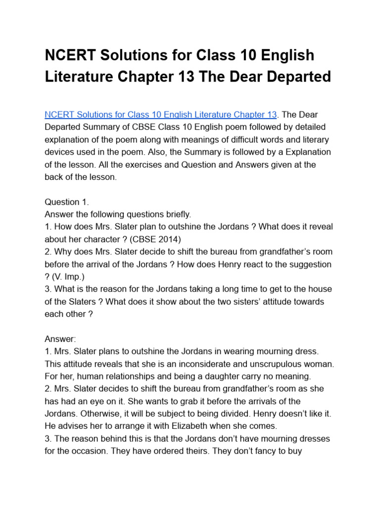 Chapter 13 The Dear Departed Question Answers | PDF