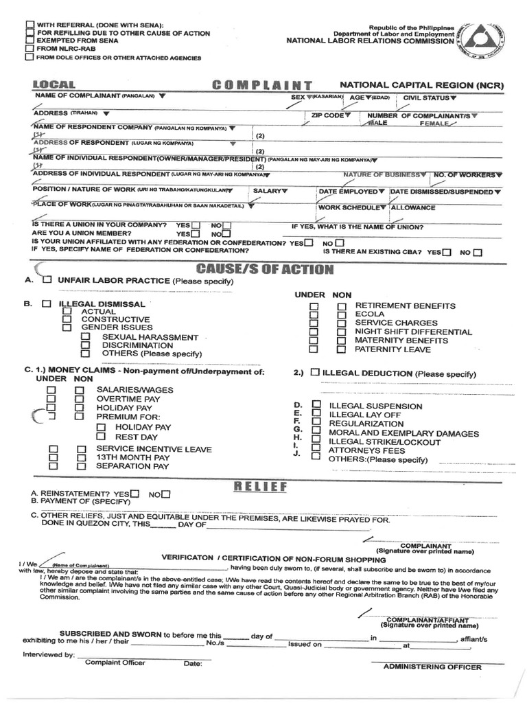 NLRC Complaint Form | PDF