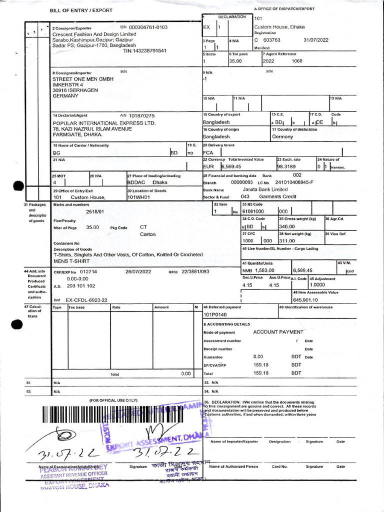 Bill of Export - 0001 | PDF