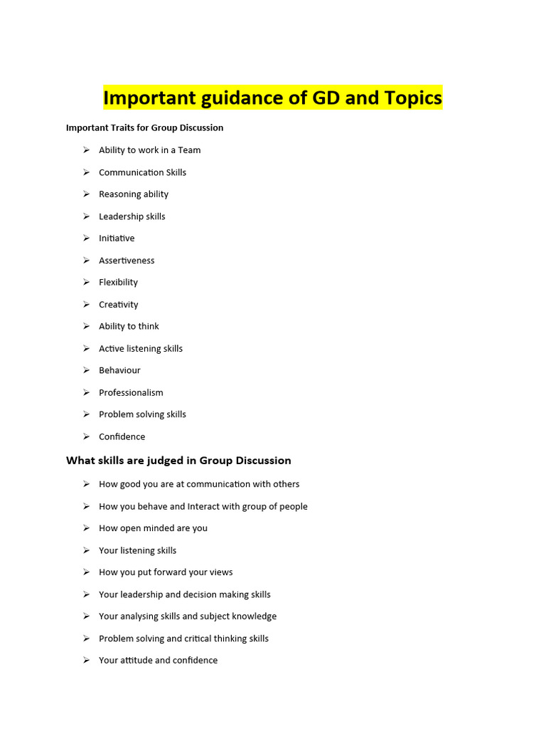 Important Guidance of GD and Topics ...