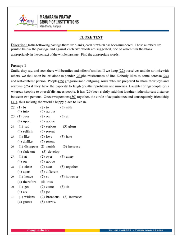 Cloze Test: Fill in the Blanks Exercise | PDF | Language Arts ...