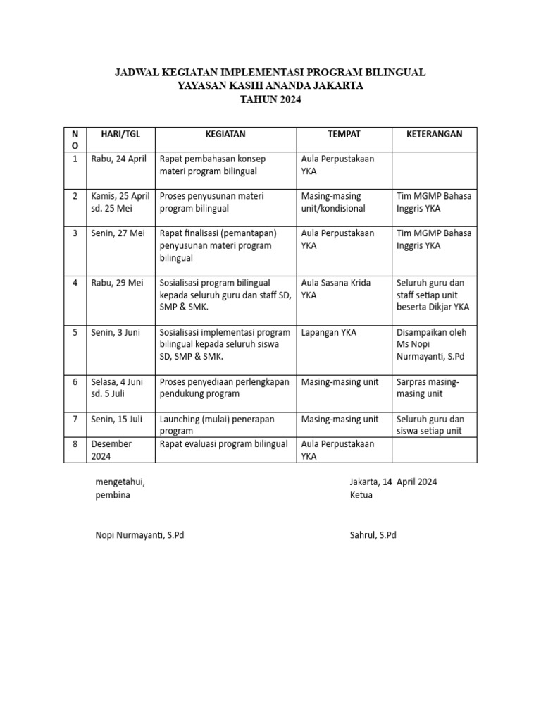 Jadwal Kegiatan Program Bilingual | PDF