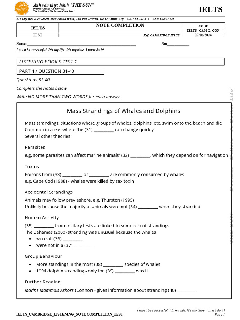 Ielts - Perfect - Listening - Note Completion - Test (W4) | PDF ...