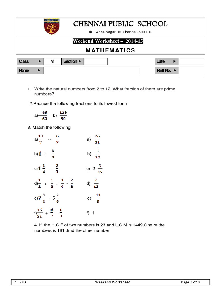 CBSE Class 6 Fractions Worksheet2 | PDF
