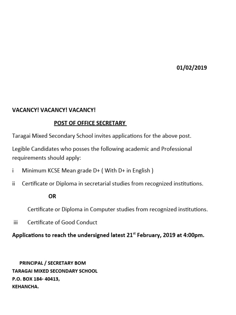 Office Secretary Vacancy at Taragai School | PDF