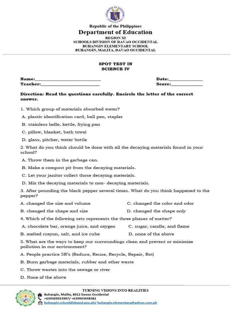 Science IV Spot Test for Students | PDF | Career & Growth | Social Science