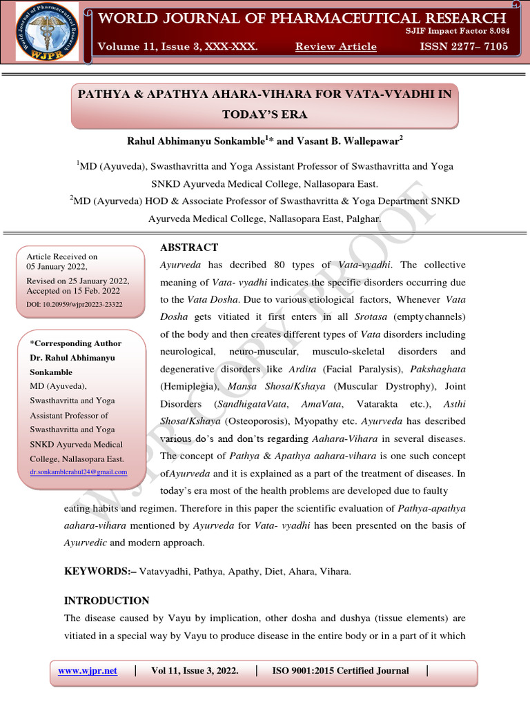 Pathya Apathya Ahara Vihara for Vata Vyadhi | Download Free PDF | Ayurveda