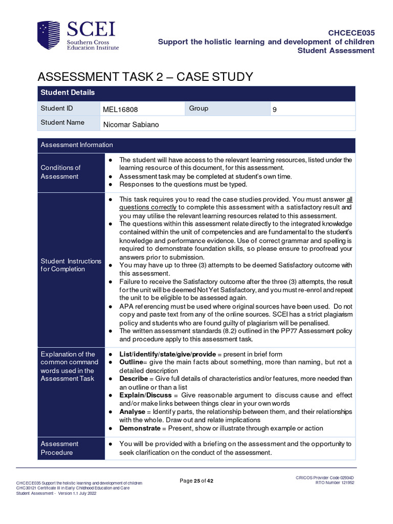 CHCECE035 - Student Assessment Task 2 - Case Study | PDF | Child Development | Psychological ...
