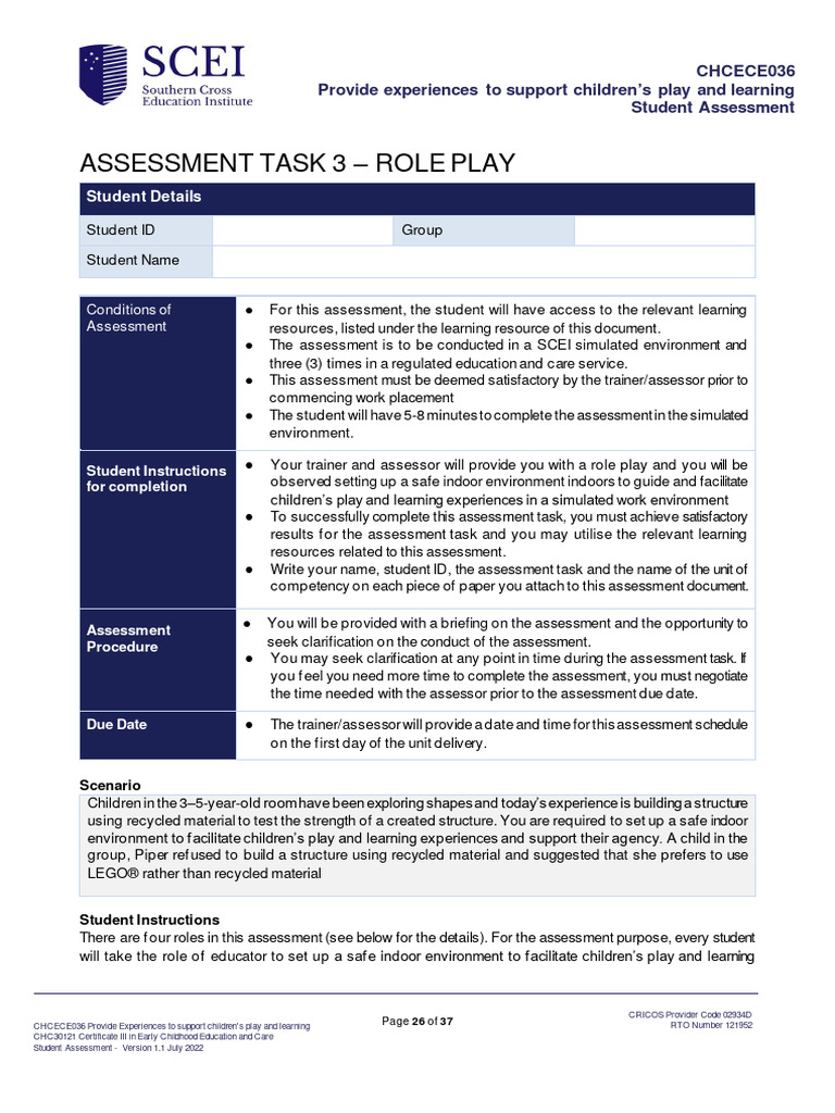 CHCECE036 - Student Assessment Task 3 - Role Play | PDF | Learning ...
