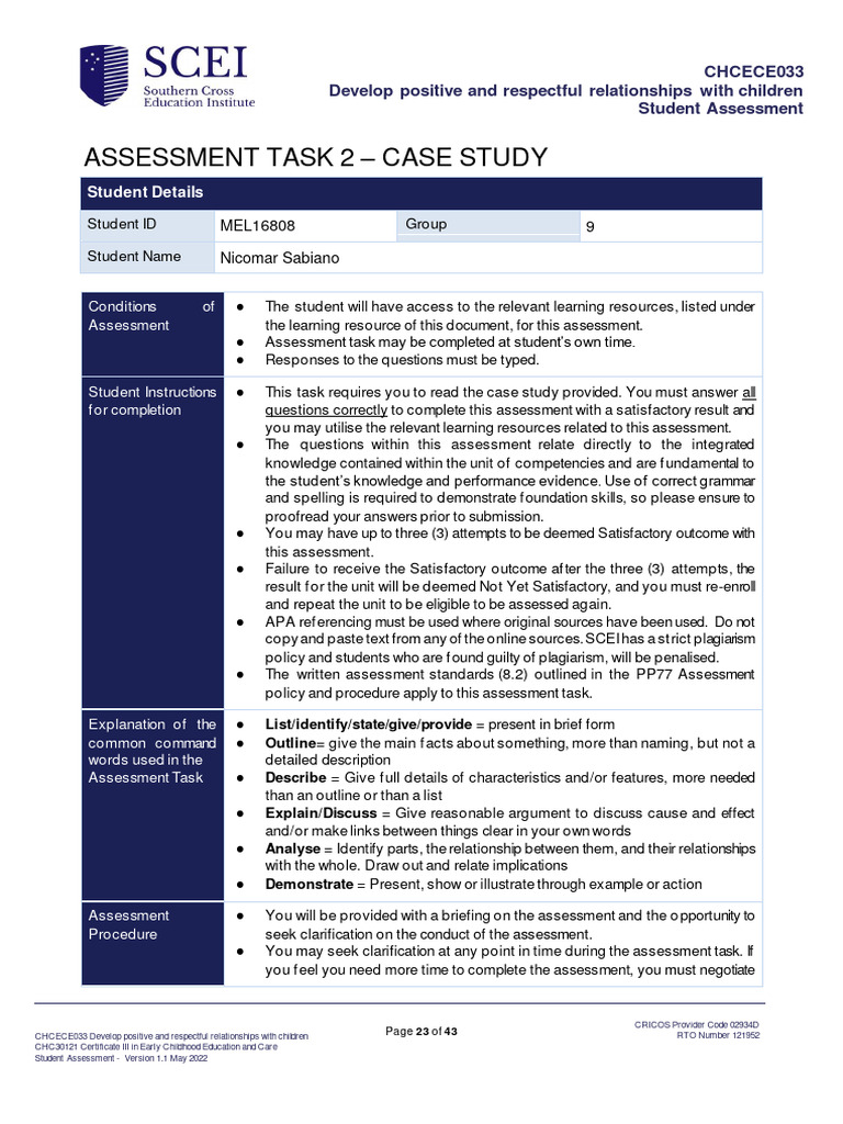 CHCECE033 - Student Assessment Task 2 - Case Study | PDF | Behavior | Emotional Self Regulation