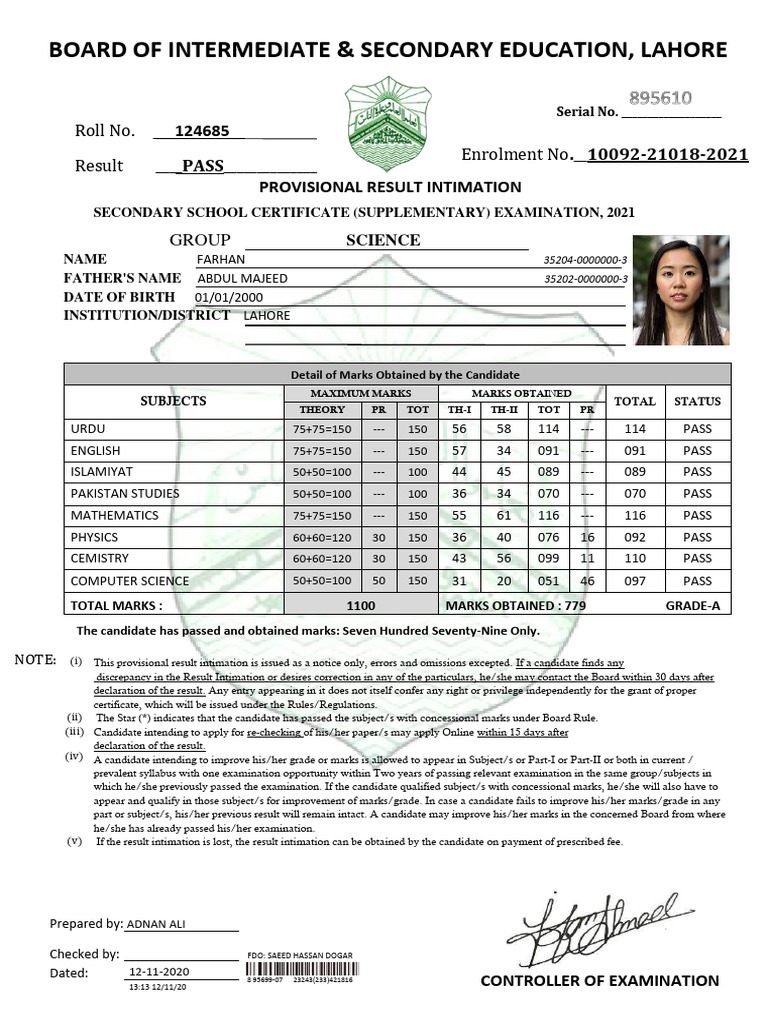 10th Class Result 2021 - Lahore Board | PDF