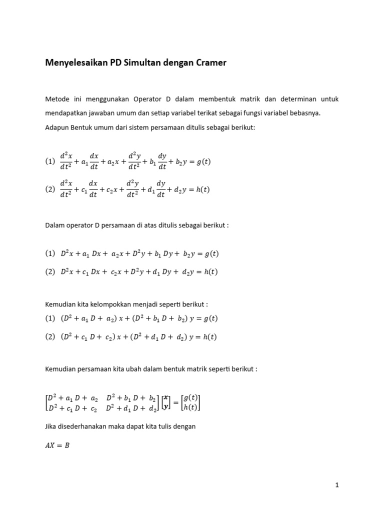 Menyelesaikan PD Simultan Dengan Cramer | PDF