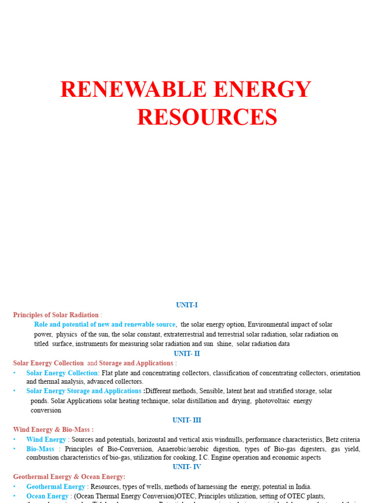 Unit - 1 - Renewable Energy Sources | PDF | Energy Development ...