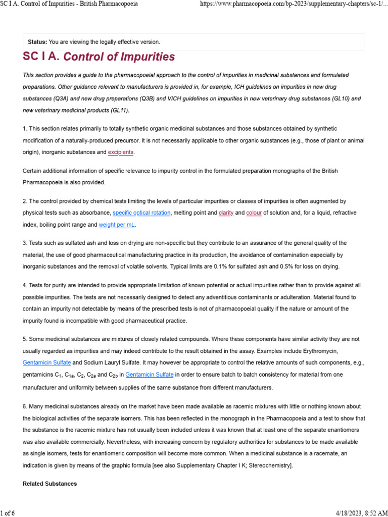 Control of Impurities BP 2023 | PDF | Chromatography | Chemical Substances
