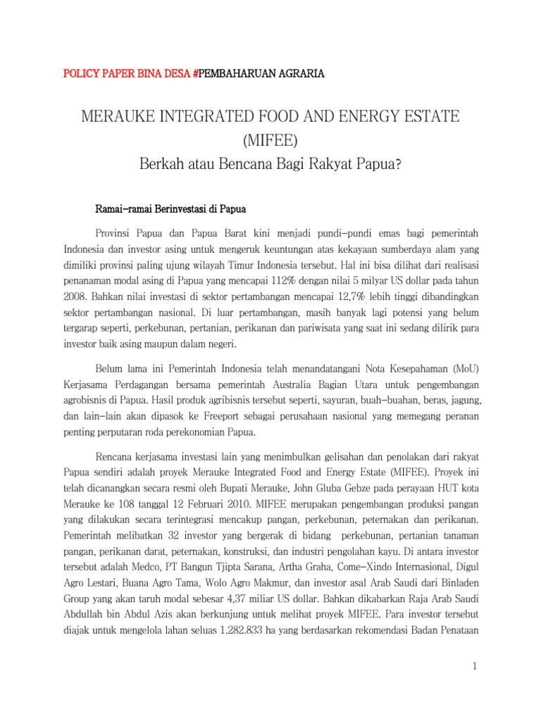 MIFEE Berkah Atau Bencana Bagi Rakyat Papua | PDF | Ilmu Sosial | Sains ...
