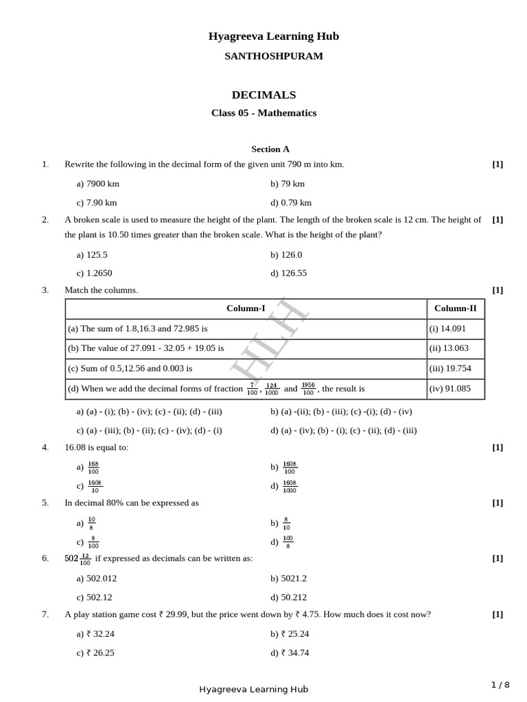 5TH STD Decimals QNS | PDF | Decimal | Arithmetic