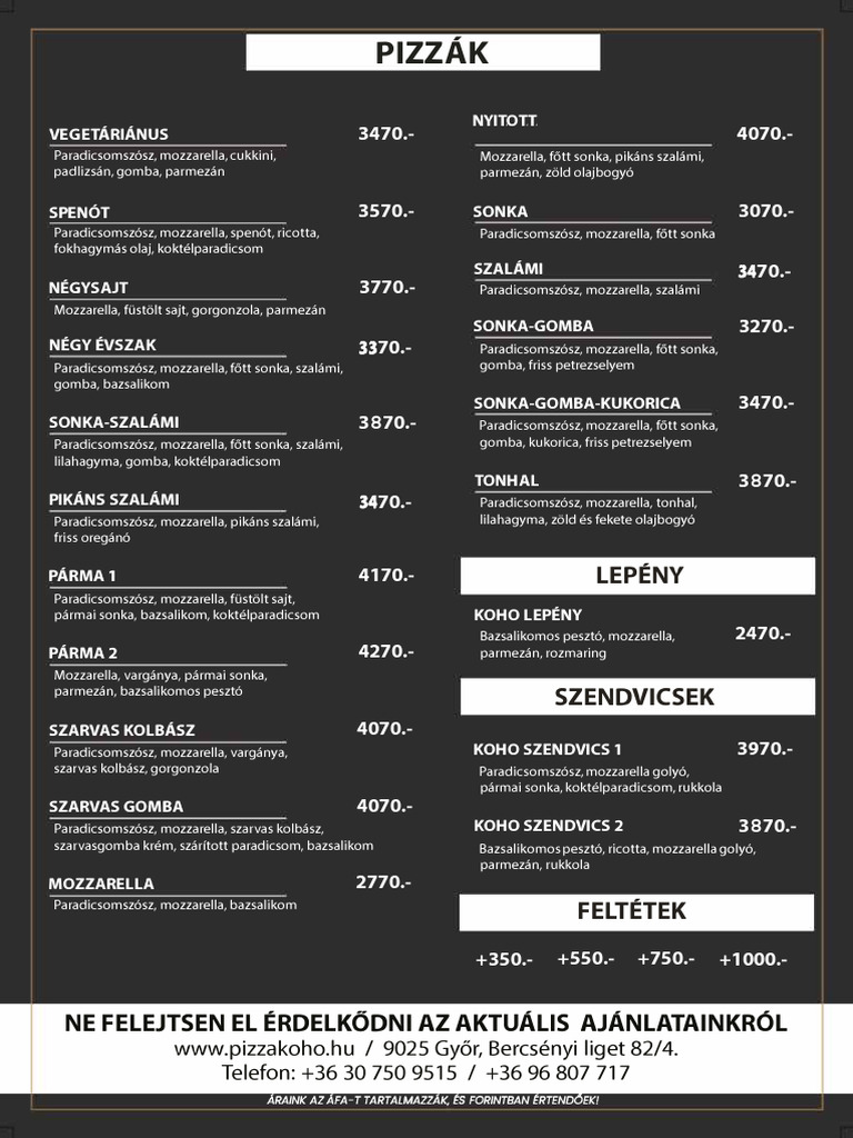 Pizza Koho Etlap 2023 11 | PDF