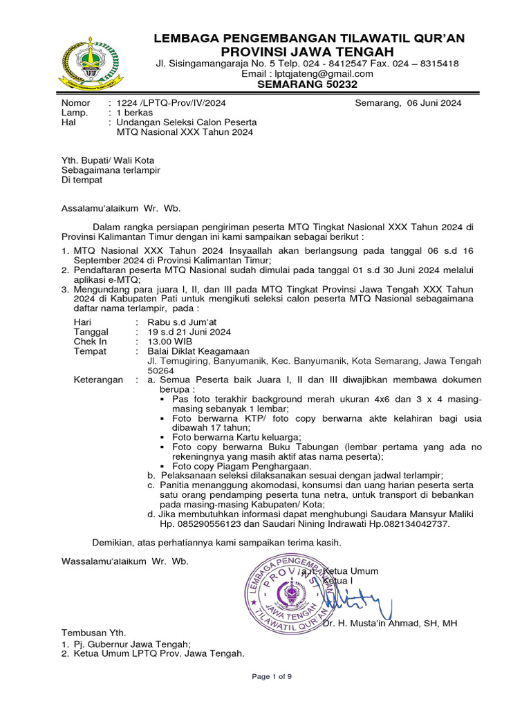 Undangan Peserta Seleksi Calon Peserta MTQ Nasional | PDF