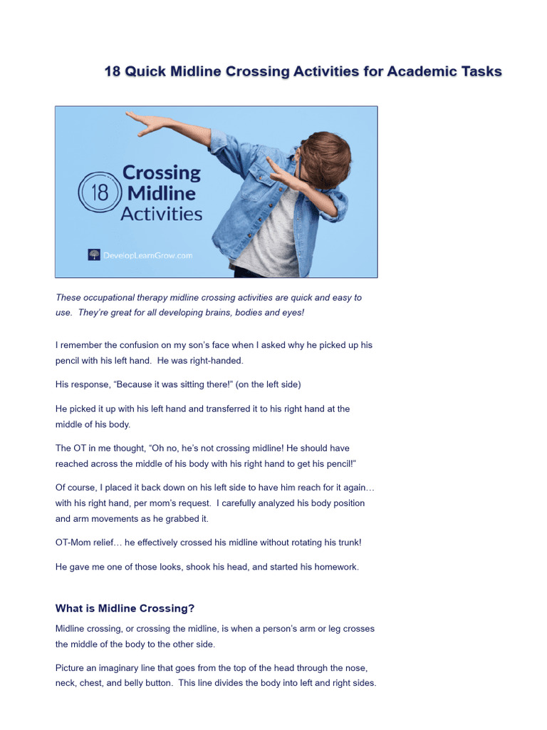 OT Tips: 18 Midline Crossing Activities | PDF
