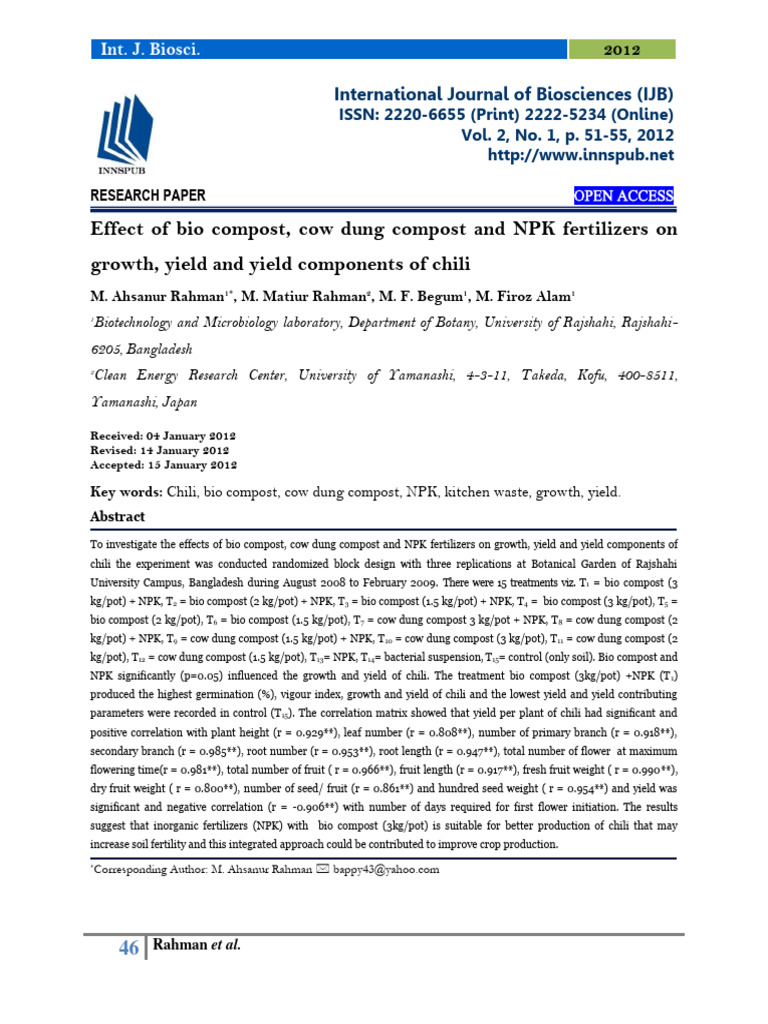 Effect of bio compost, cow dung compost and NPK fertilizers on growth ...