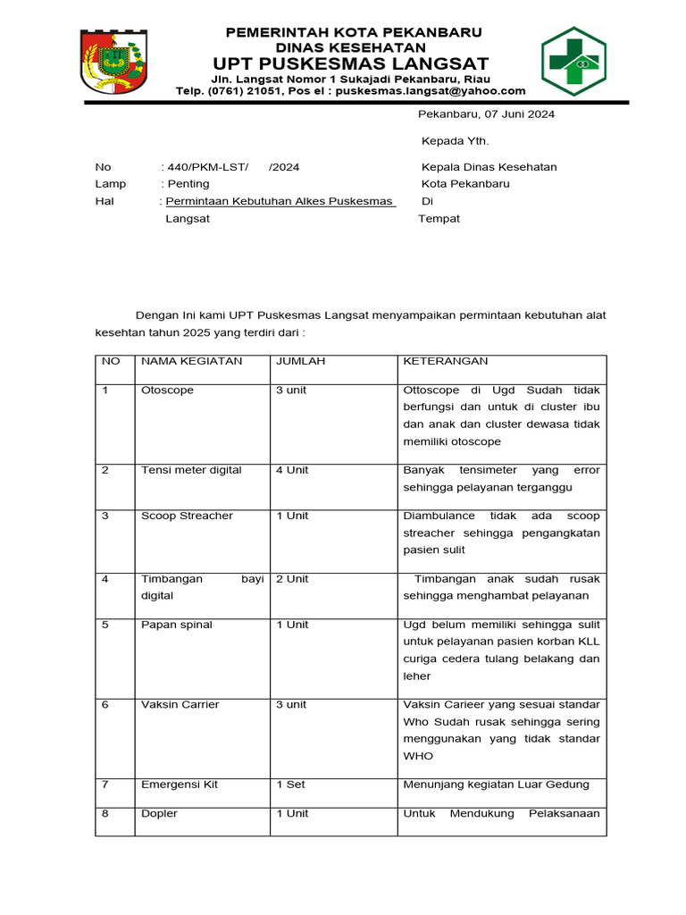 Usulan Alkes PKM Langsat | PDF