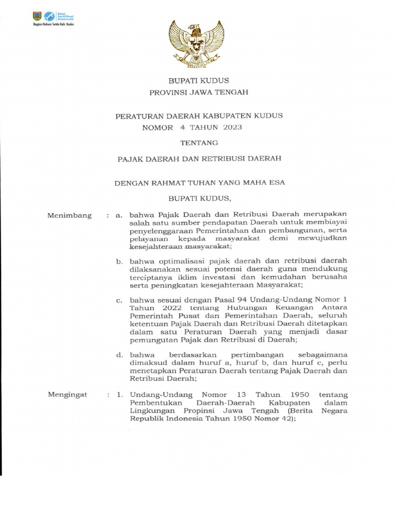 Perda PDRD Kabupaten Kudus 2024 | PDF