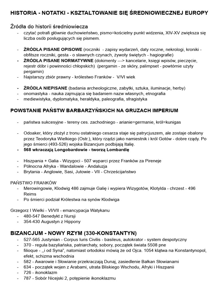 HISTORIA - NOTATKI Stredniowjecznej EUROPY | PDF