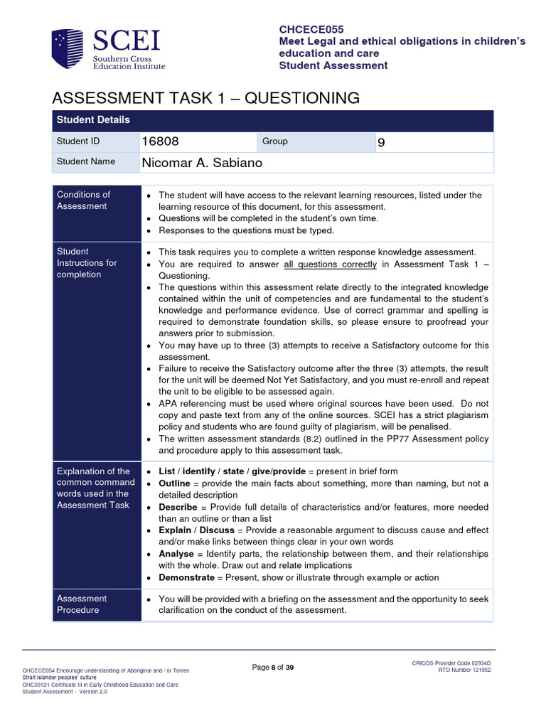 CHCECE055_Student Assessment Task 1 - Questioning | PDF | Australia ...