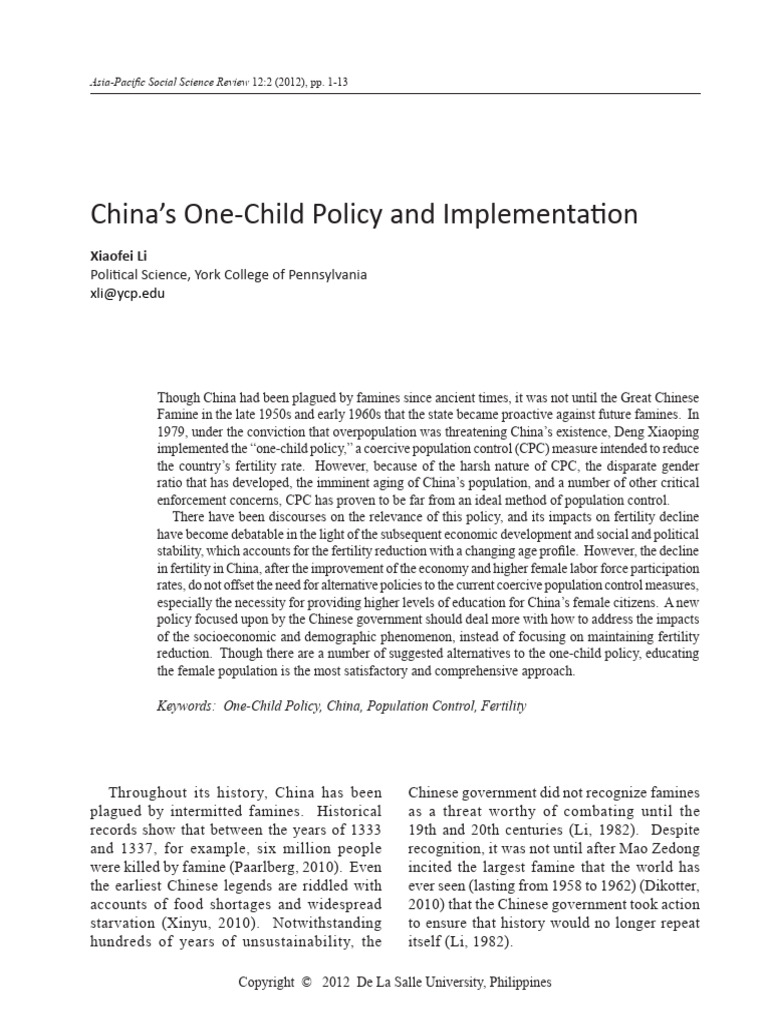 ChinarsquosOne ChildPolicyandImplementation | PDF | China | World Politics
