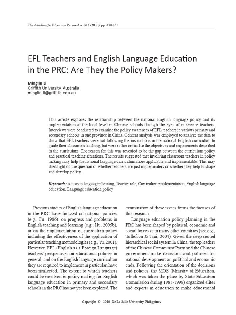 EFLTeachersand English Language Educationinthe PRCAre Theythe Policy ...
