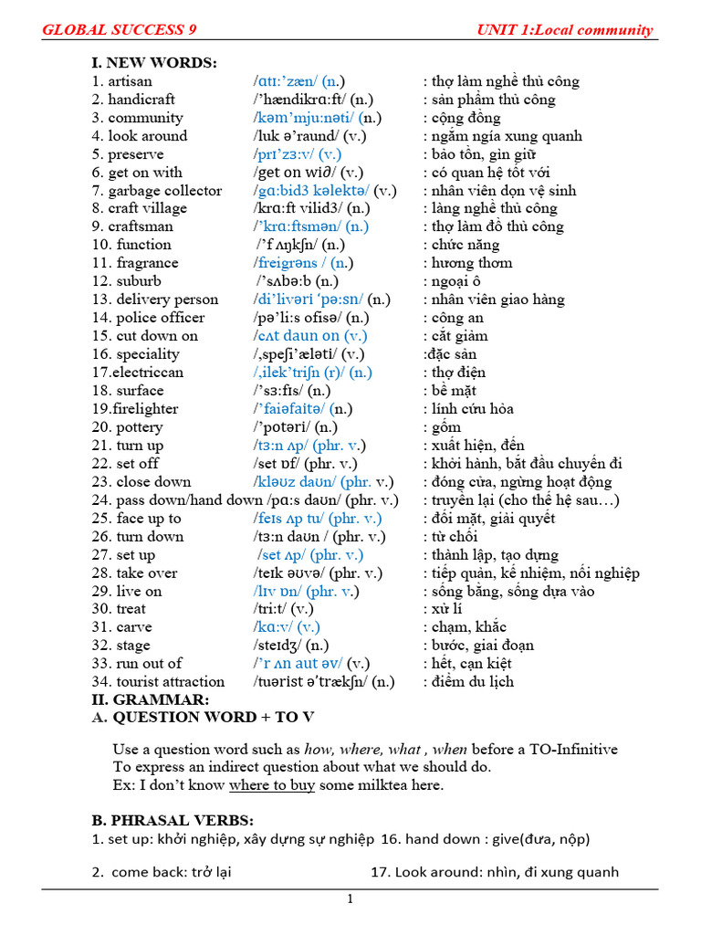 Bài Tập Bổ Trợ Global Success 9 UNIT 1 ( TỪ VỰNG & NGỮ PHÁP) | PDF