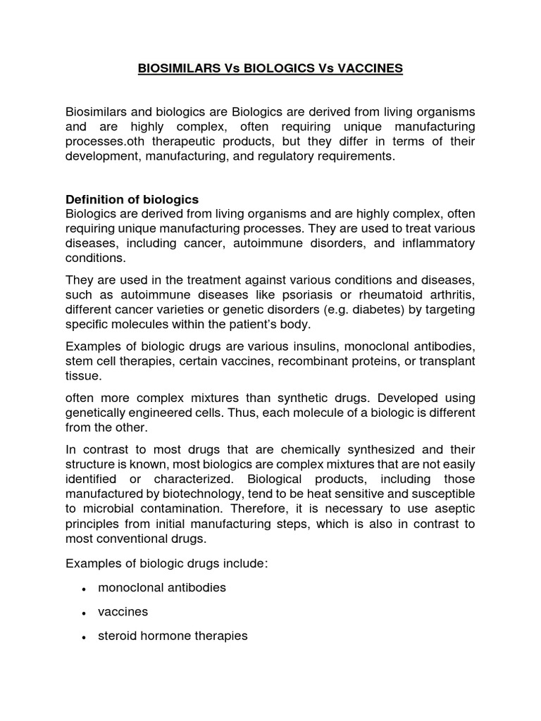 BIOSIMILAR Vs BIOLOGICS Vs VACCINES | PDF | Biopharmaceutical | Immune ...
