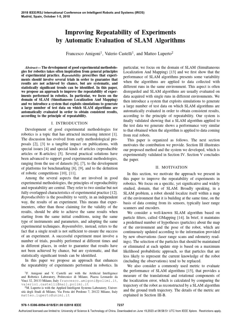 Improving Repeatability of Experiments by Automatic Evaluation of SLAM Algorithms | PDF ...