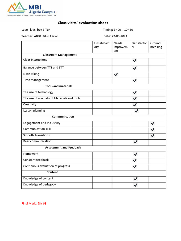 Kids' Class Evaluation Sheet 2024 | PDF | Teachers | Human Communication