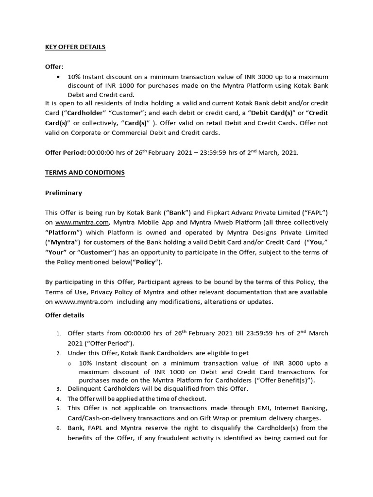 Myntra TNC | PDF | Credit Card | Debit Card