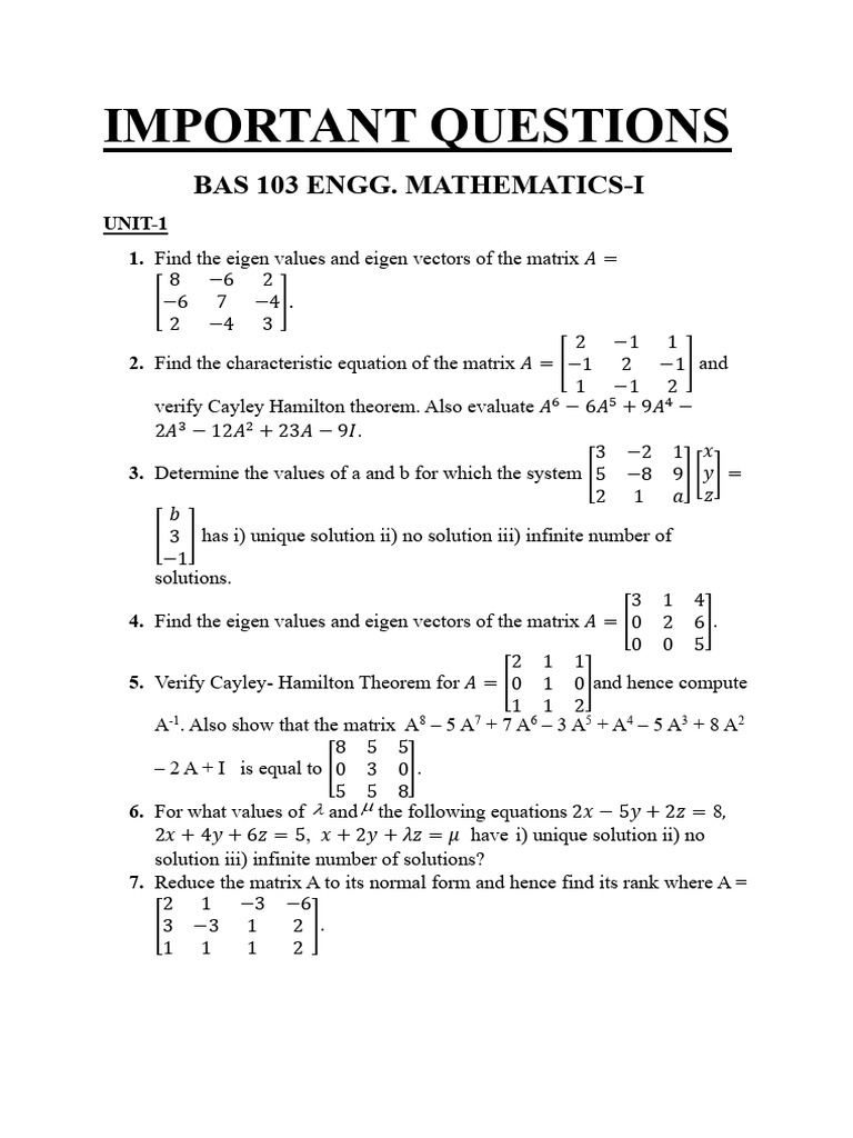 Important Questions | PDF | Matrix (Mathematics) | Eigenvalues And ...